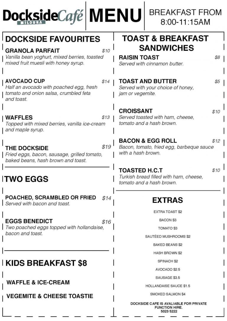Dockside Mildura Marina Cafe & Boat HireBrekfast Menu Aug 2017 ...